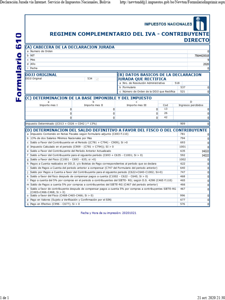 Formulario 610 Septimbre 2020 | PDF | Impuestos | Ley Pública