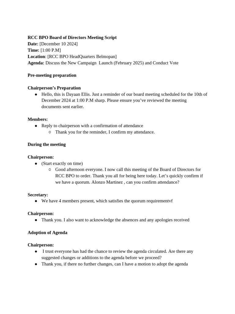 Board of Directors Meeting Script | PDF | Government