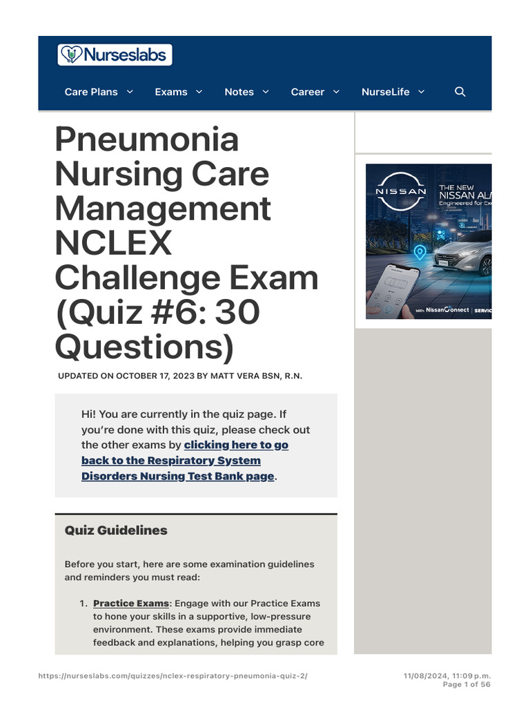 Pneumonia Nursing Care Management NCLEX Challenge Exam | PDF | Clinical ...