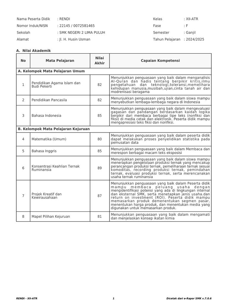 Rapor Rendi - Xii-Atr | PDF