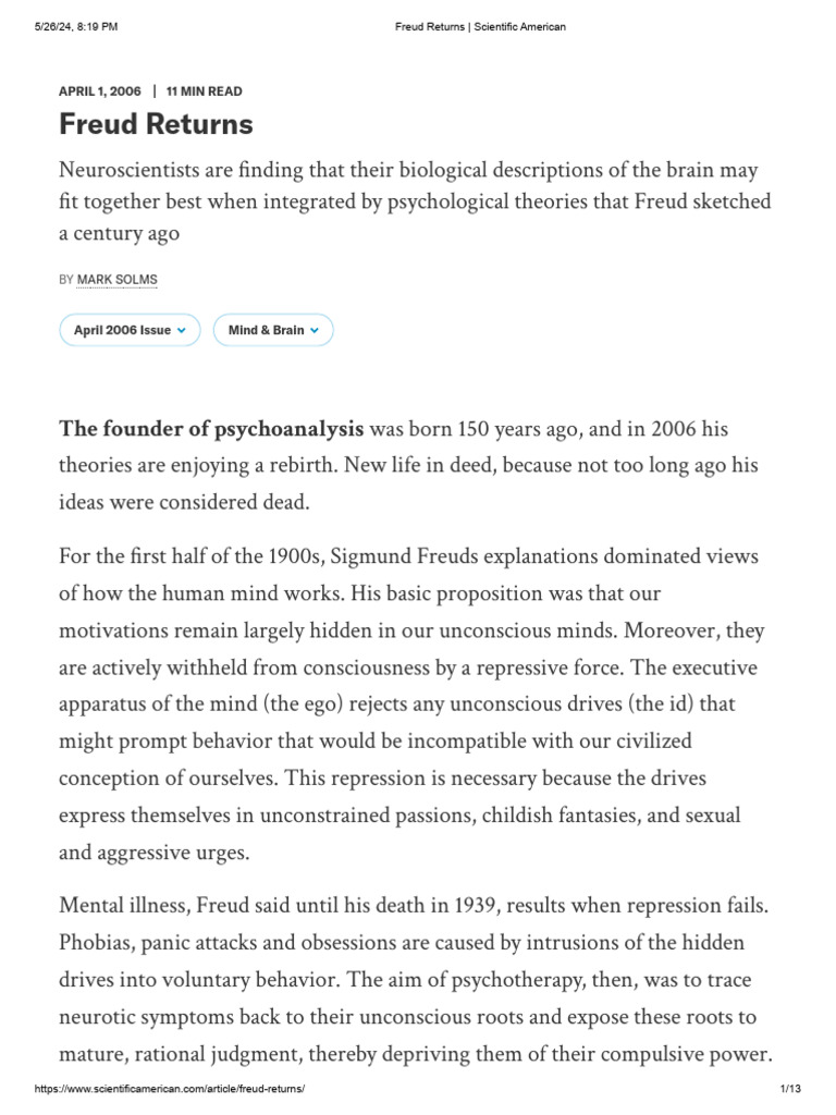 Freud Returns - Scientific American | PDF | Sigmund Freud | Unconscious ...