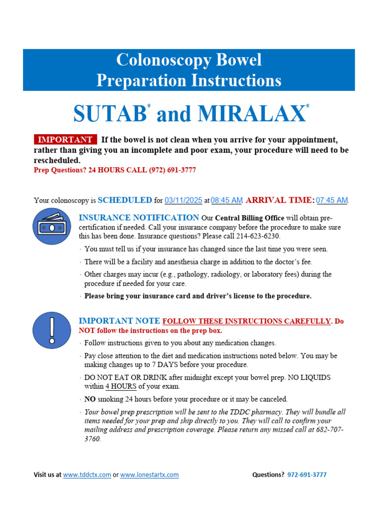 Sutab and Miralax: Colonoscopy Bowel Preparation Instructions | PDF ...