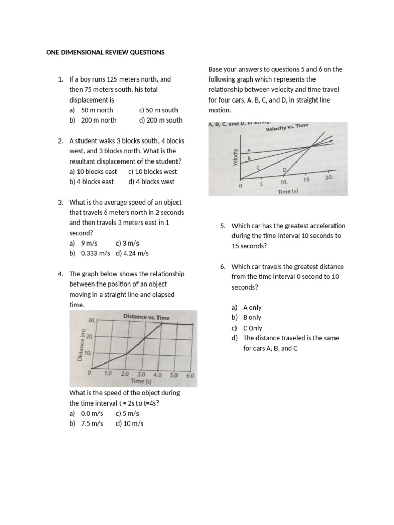 One Dimensional Review Questions | PDF | Speed | Acceleration