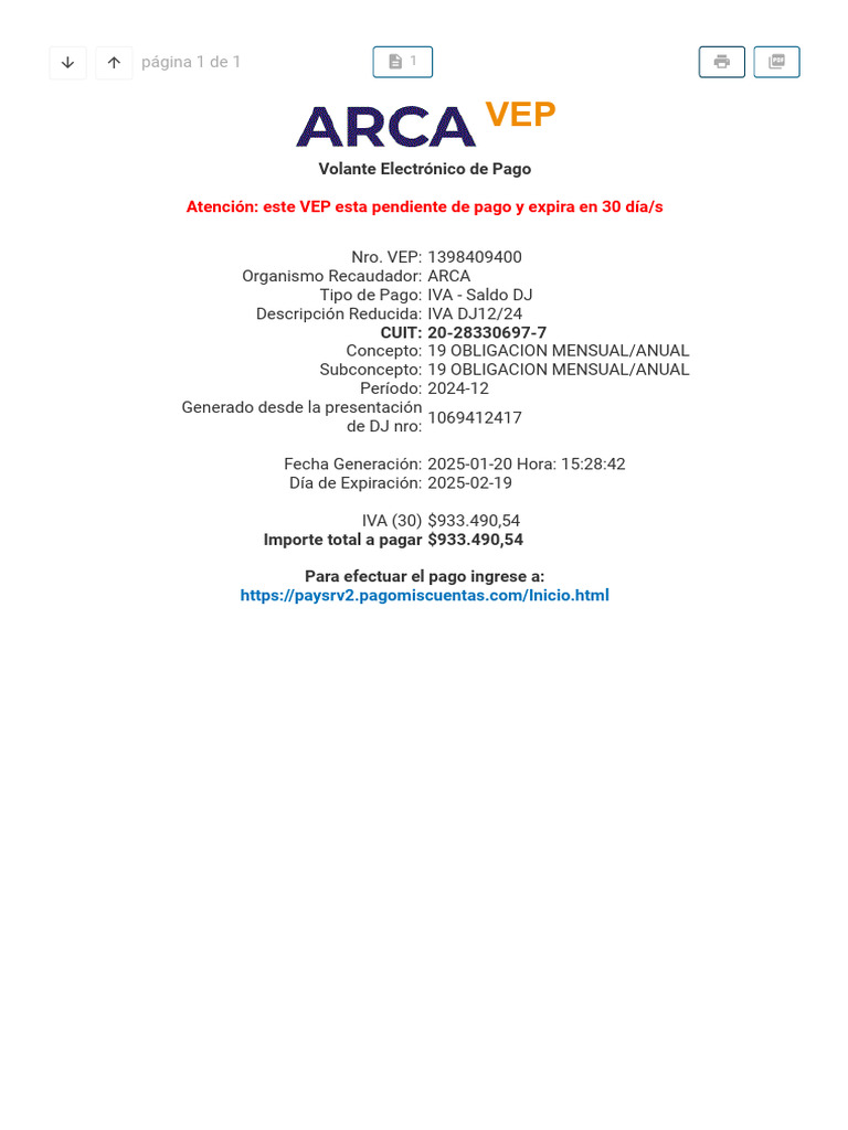 VEP IVA Pendiente de Pago: $933,49 | PDF