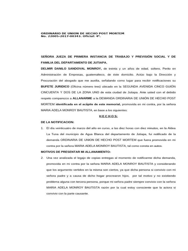 Mem. de Allanamiento en Juicio de Union de Hecho Post Mortem de Delmir ...