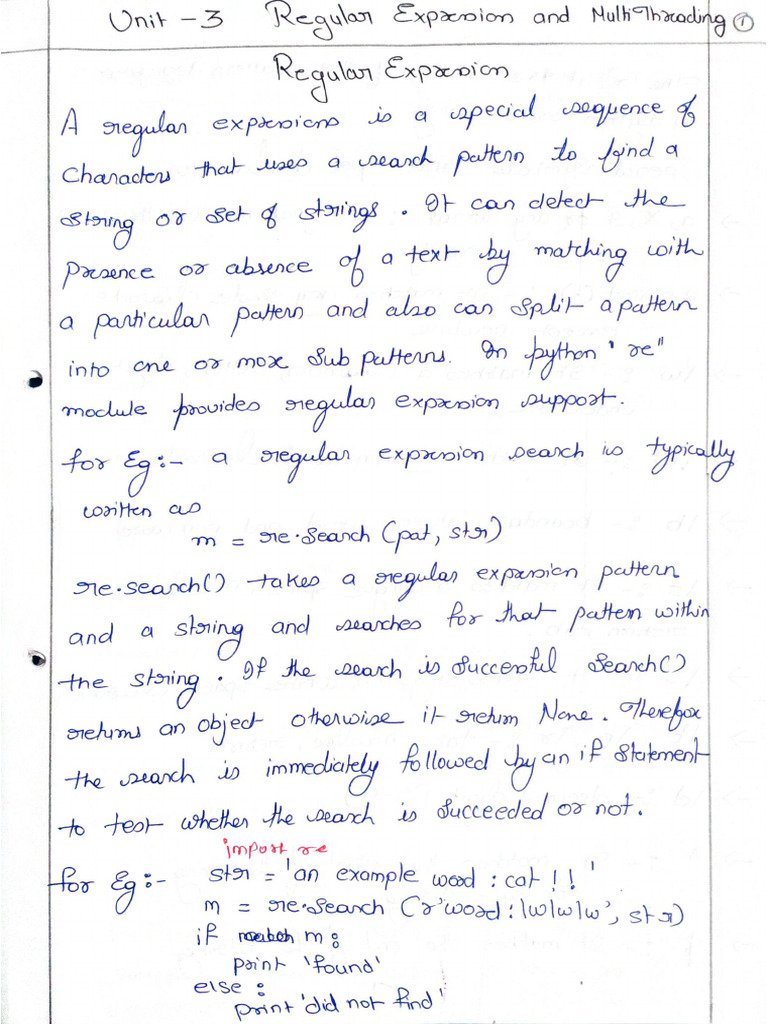 Unit-3 Regular Expression and Multi Threading Python | PDF