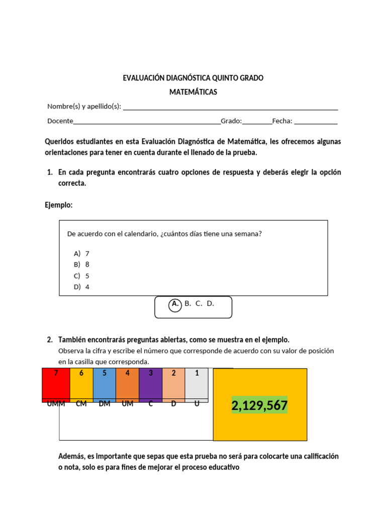 Evaluación Diagnóstica 5TO GRADO MATEMATICA | PDF