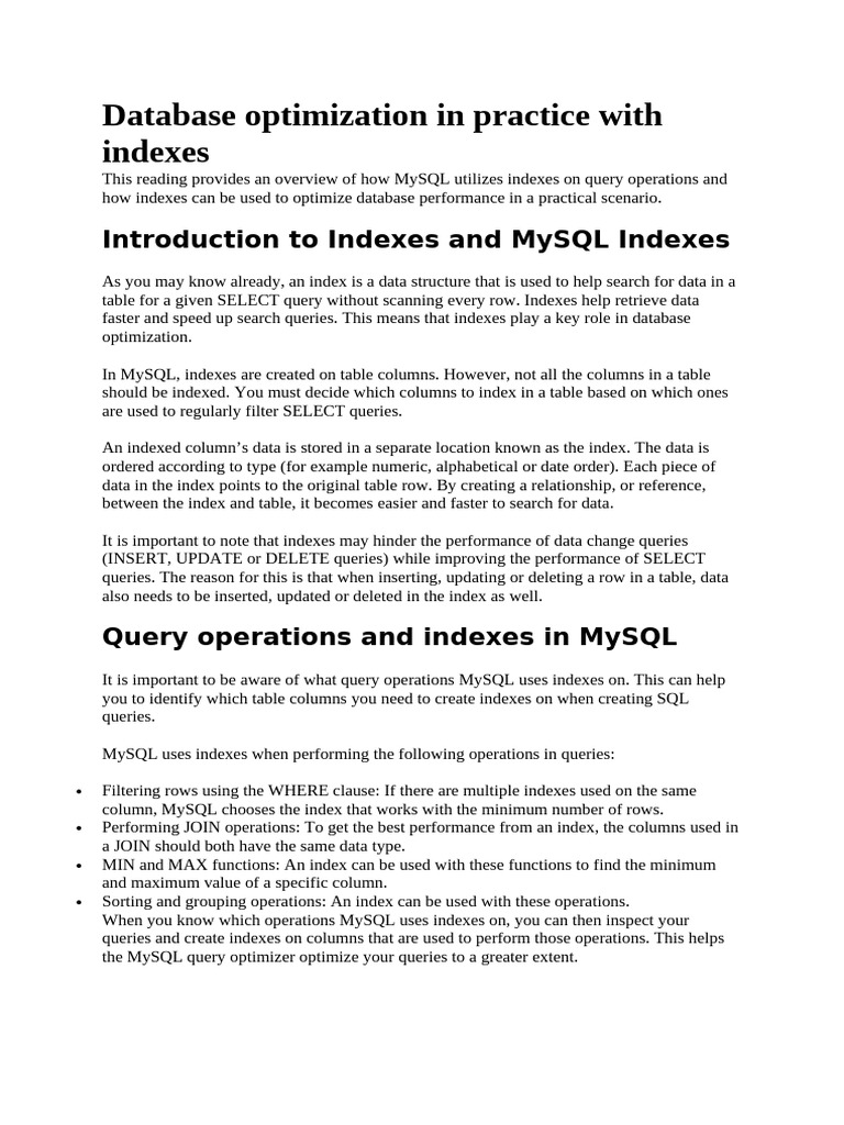 Database Optimization in Practice With Indexes: Introduction To Indexes and Mysql Indexes | PDF ...