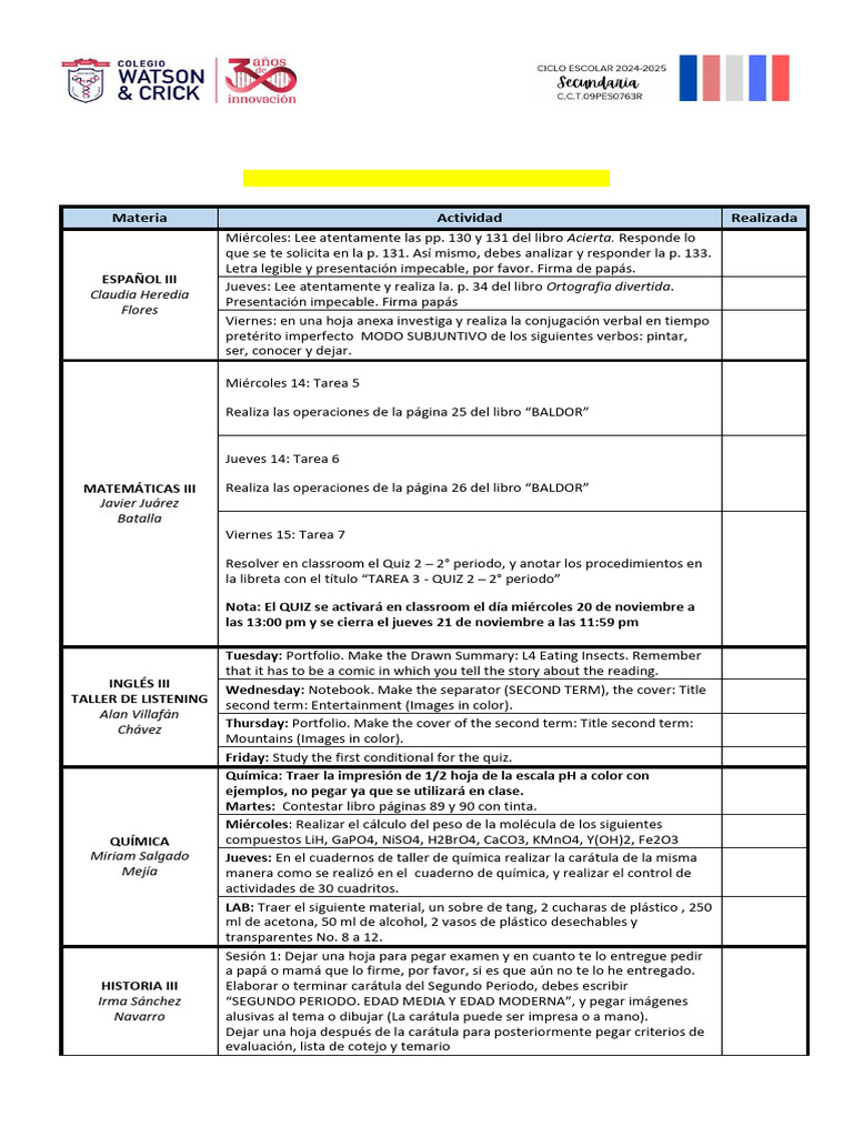 Hoja de Tareas 3° | PDF
