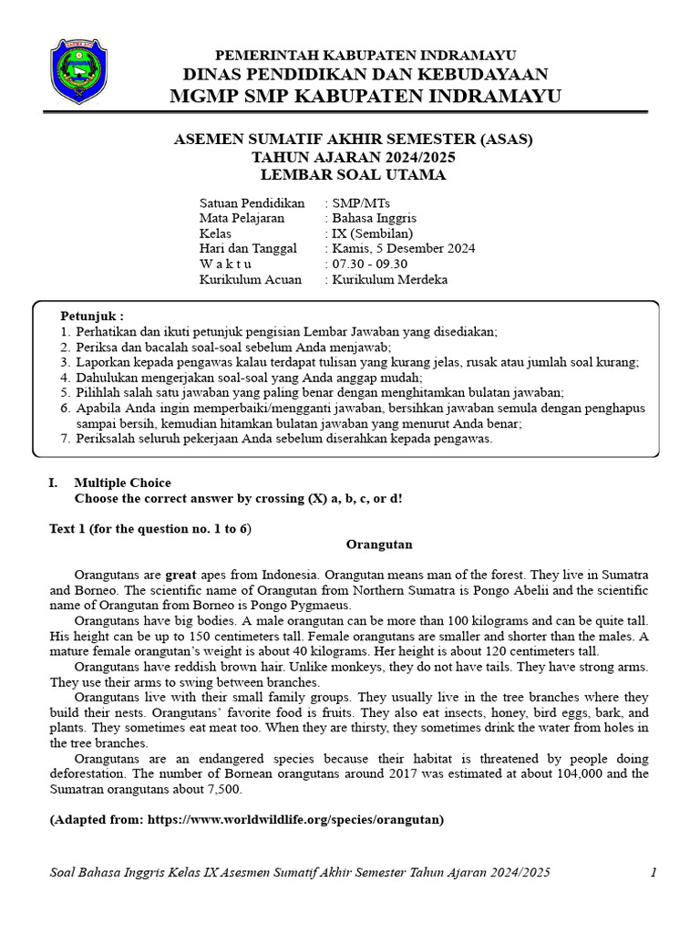 SOAL ASAS TA 2425 KLS 9 KURMER | PDF | Orangutan | Zoology