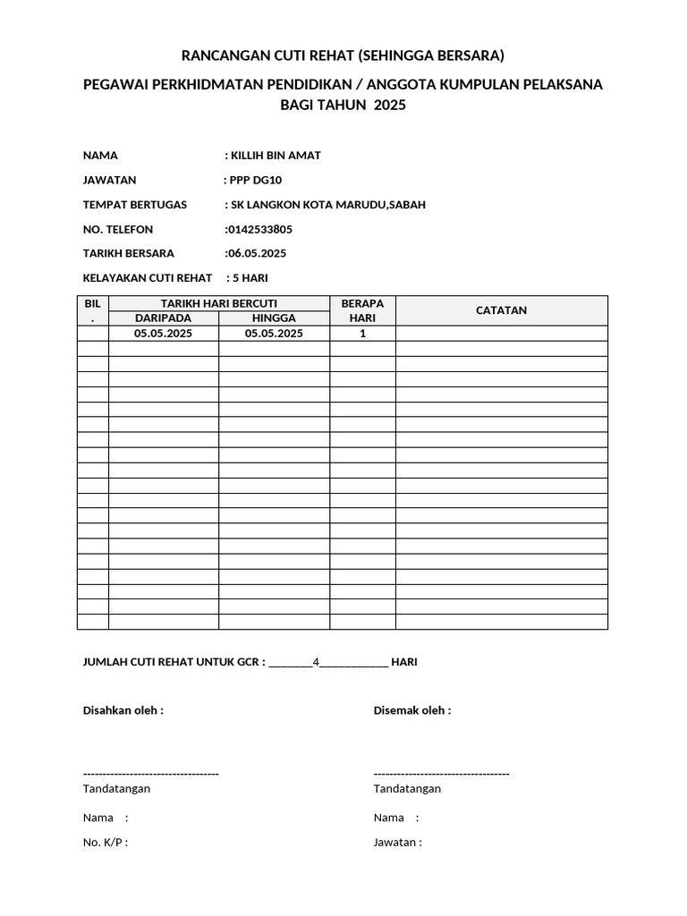 Rancangan Cuti Rehat | PDF