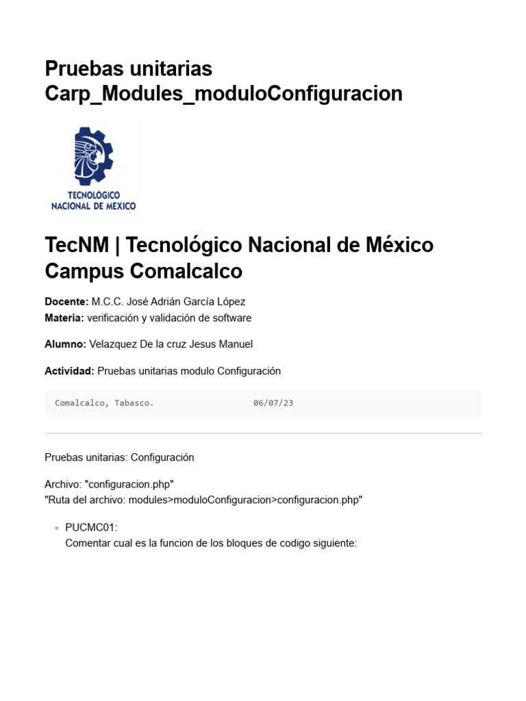 Pruebas unitarias Carp_Modules_moduloConfiguracion | PDF