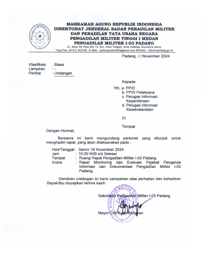 Undangan Rapat Evaluasi Pengadilan Militer | PDF
