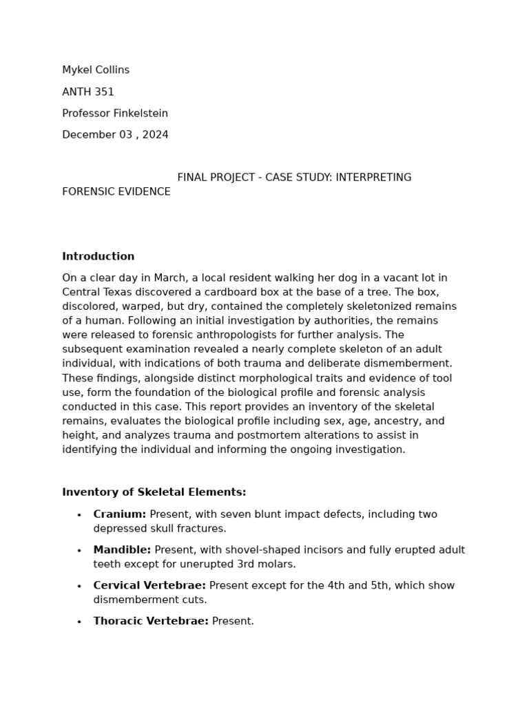Anth Case Study Final Project | PDF | Vertebra | Skull