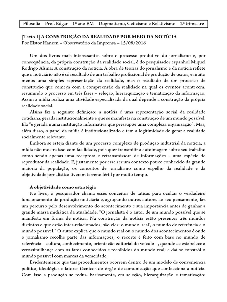 Construção da Realidade na Mídia | PDF | Jornalismo | Aquecimento ...