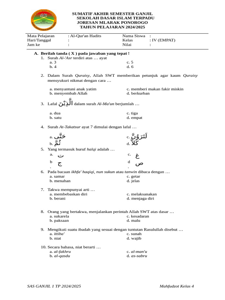 Soal Sas Qurdis Kls. 4 | PDF