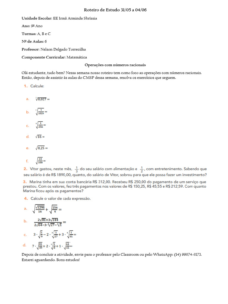 Roteiro Matemática 9Ano 31mai 04jun | PDF