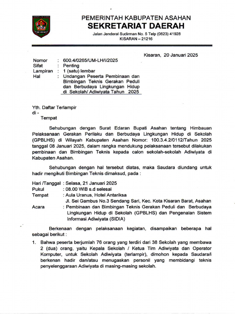 Surat Undangan Bimtek Peserta | PDF