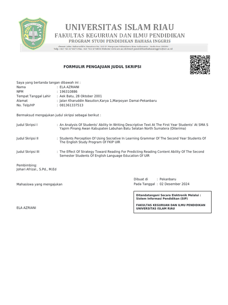 Surat Pengajuan Judul Skripsi | PDF