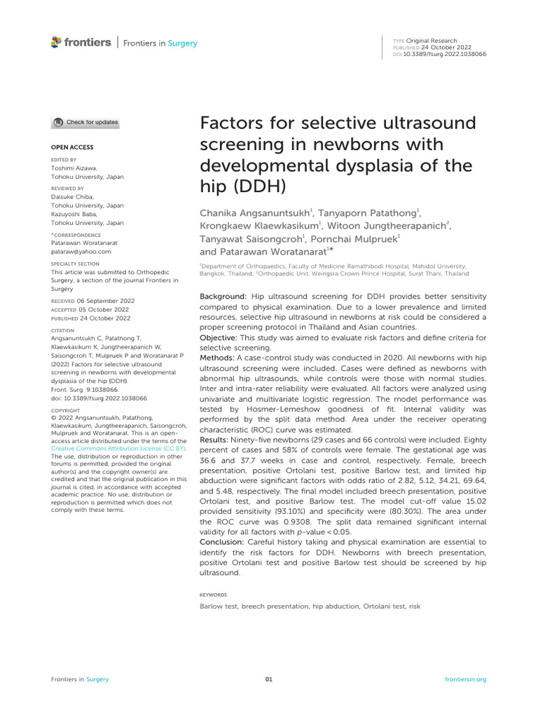 Factors For Selective Ultrasound Screening in Newborns With Developmental Dysplasia of The Hip ...