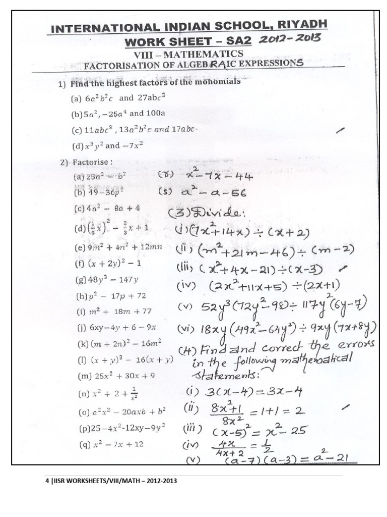 CBSE Class 8 Factorisation Worksheet | PDF