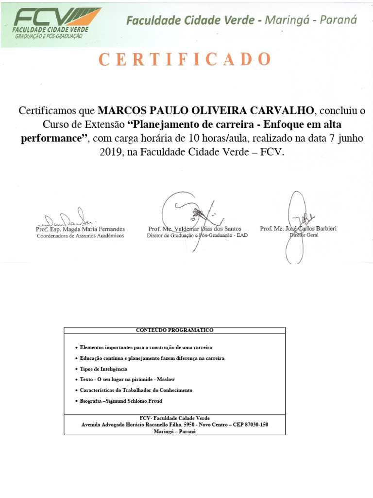 Planejamento de Carreira Enfoque em Alta Performance-Emitir Certificado de Conclusão 3162 | PDF
