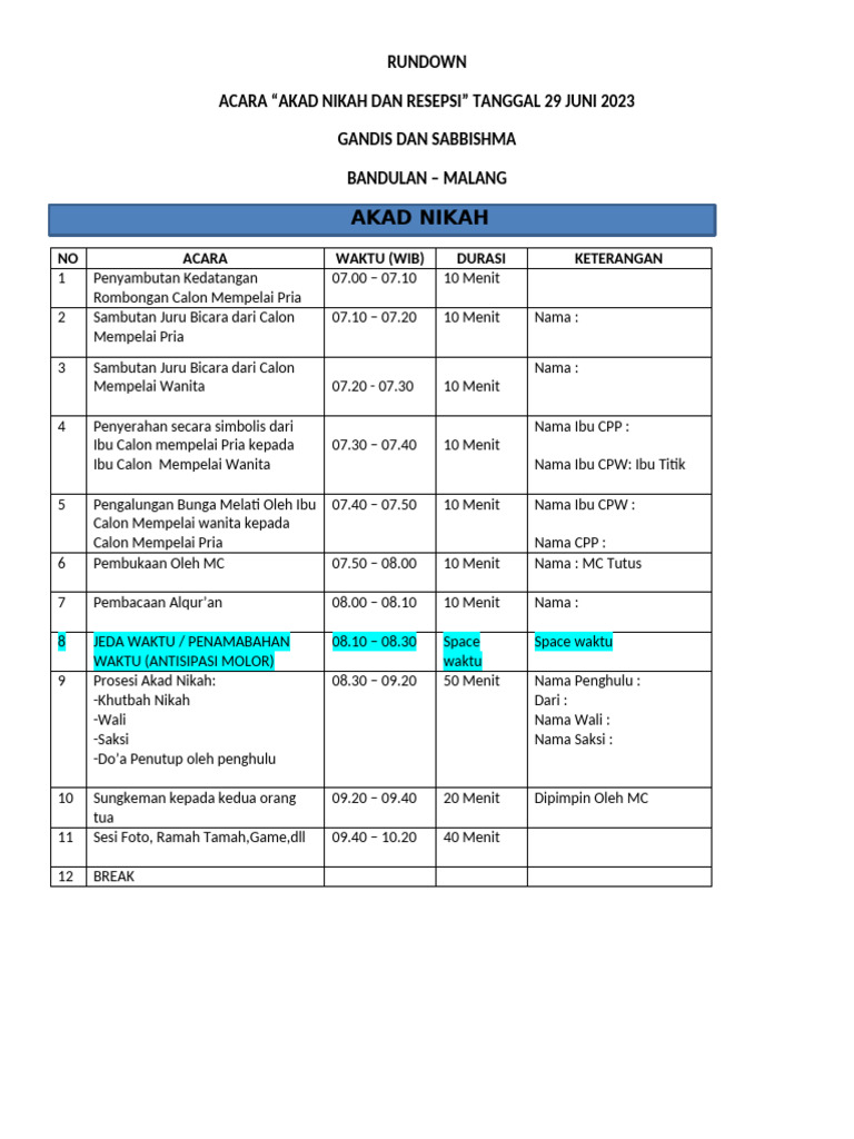 RUNDOWN ACARA AKAD NIKAH DAN RESEPSI | PDF