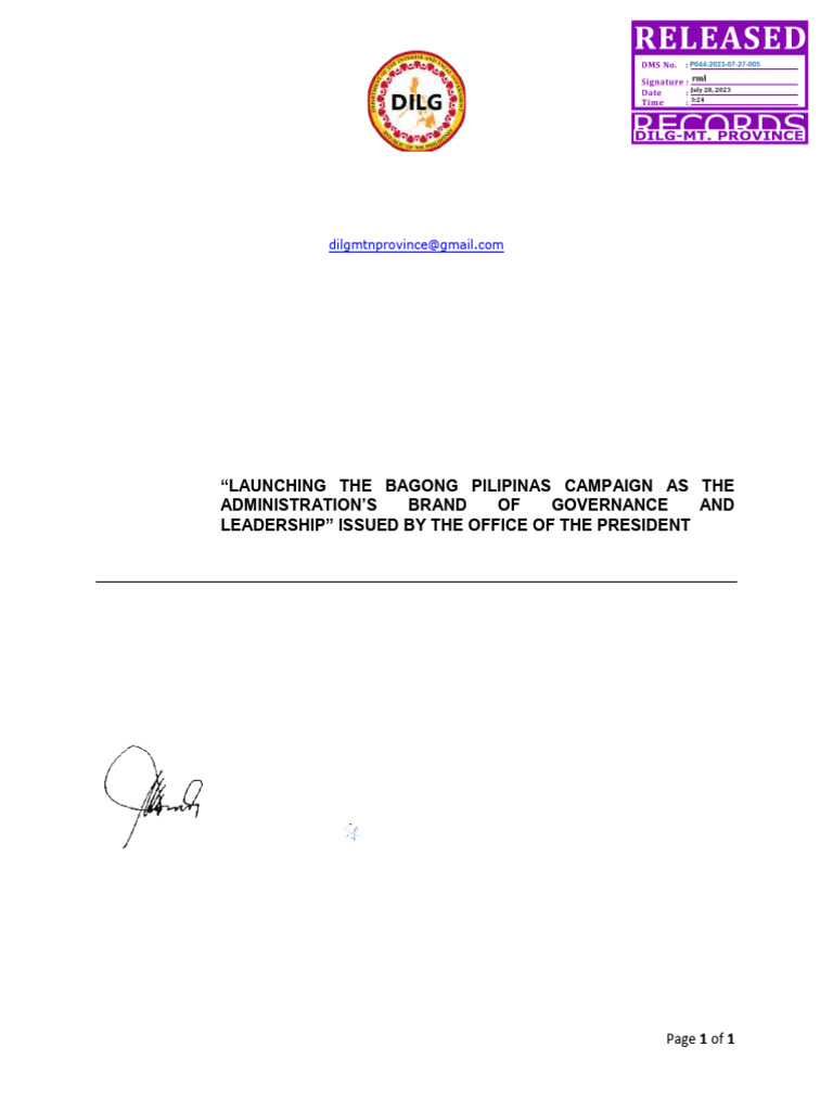 Transmittal Memo Re Launching of The Bagong Pilipinas Campaign | PDF