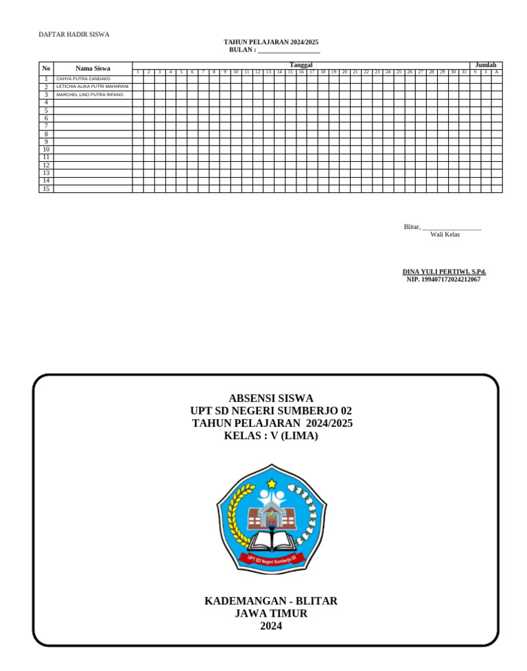 Absensi Siswa Kelas 5 SD 2024/2025 | PDF