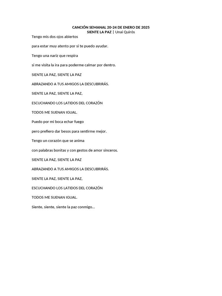 Canción Semanal 20-24 Enero Siente La Paz | PDF