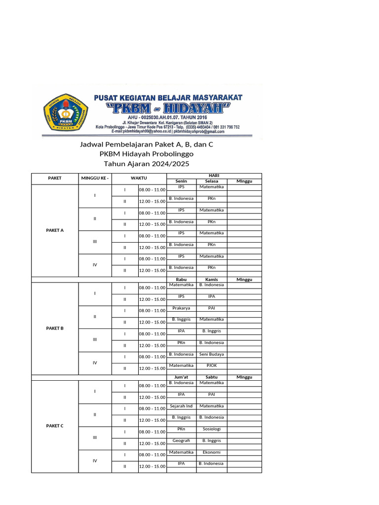 Jadwal Pelajaran TA 2024-2025 | PDF