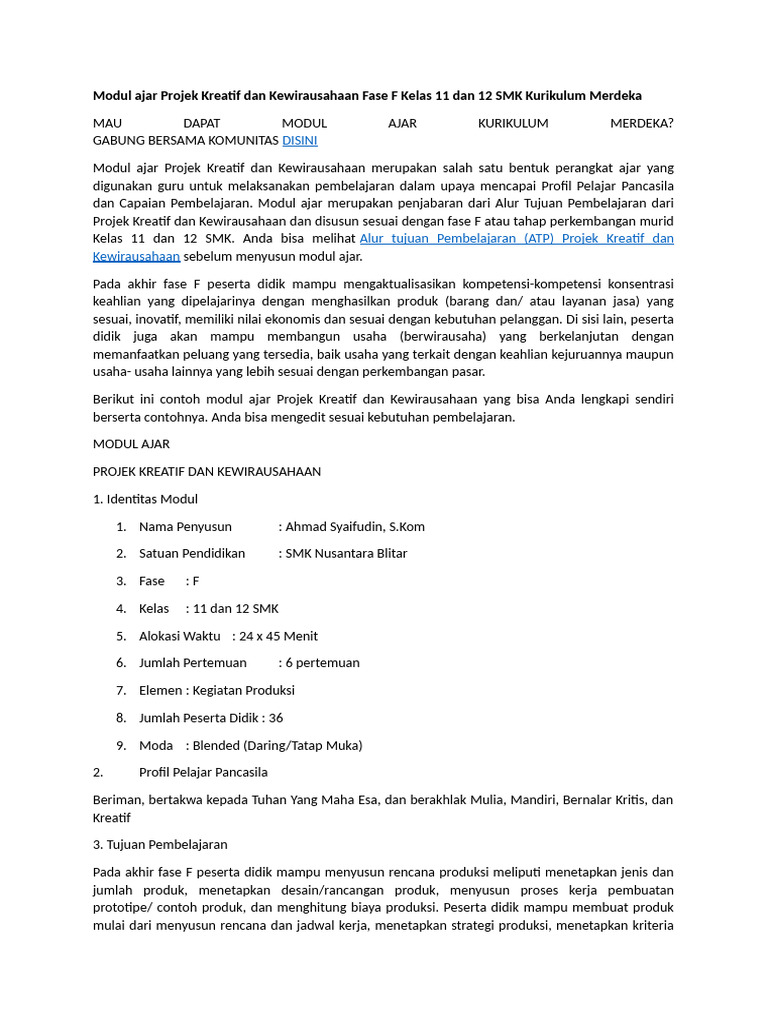 Modul Ajar Projek Kreatif Dan Kewirausahaan Fase F Kelas 11 Dan 12 SMK Kurikulum Merdeka | PDF