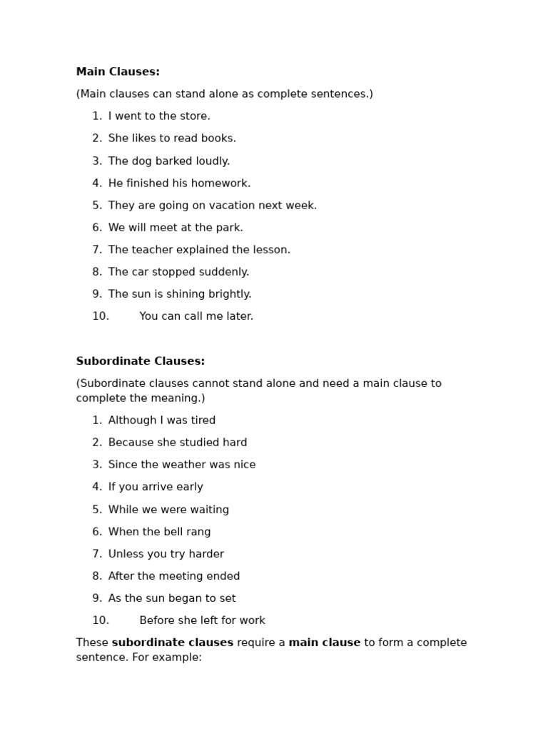 Examples, Main Clauses Sub Clauses | PDF