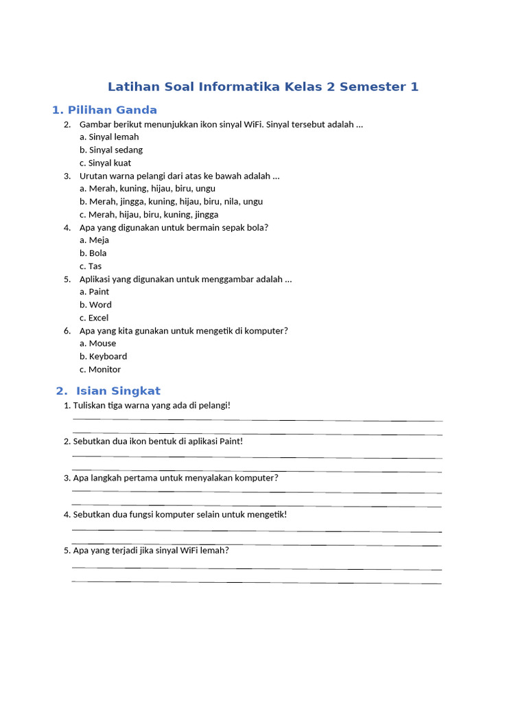 Latihan Soal Informatika Kelas 2 Semester 1 | PDF