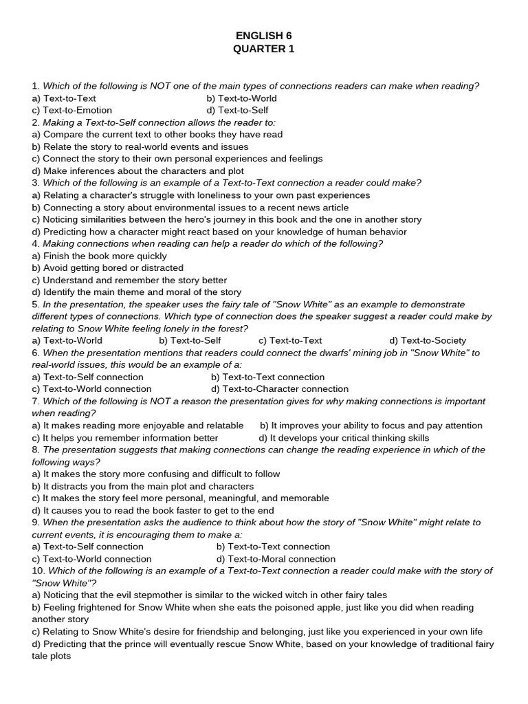 Making Connections in Reading Quiz | PDF | Snow White | Experience