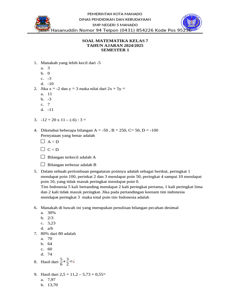 Soal Matematika Kelas 7 Semester 1 | PDF