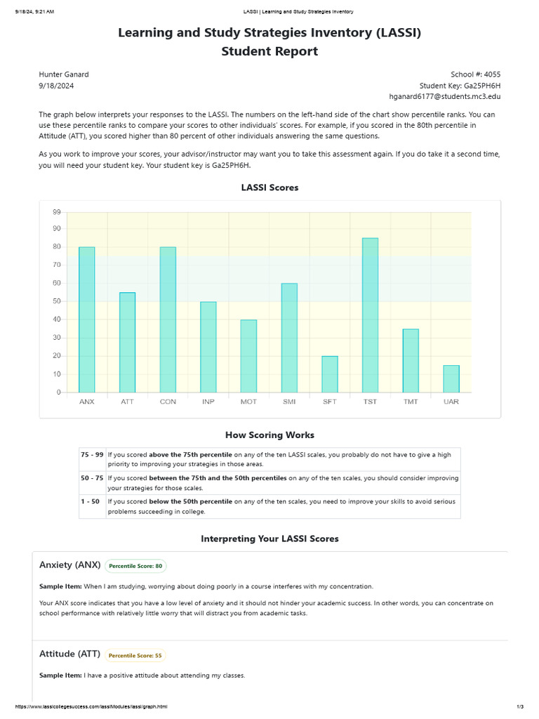 LASSI _ Learning and Study Strategies Inventory | PDF | Learning | Percentile