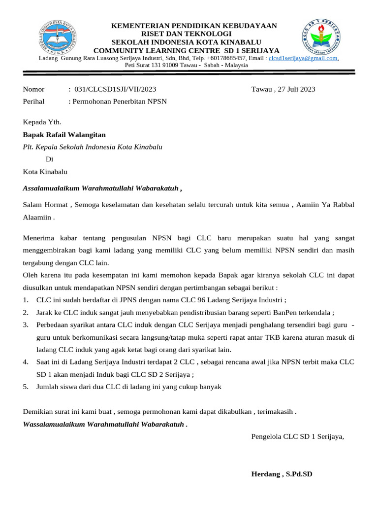 Permohonan NPSN CLC SD 1 Serijaya | PDF