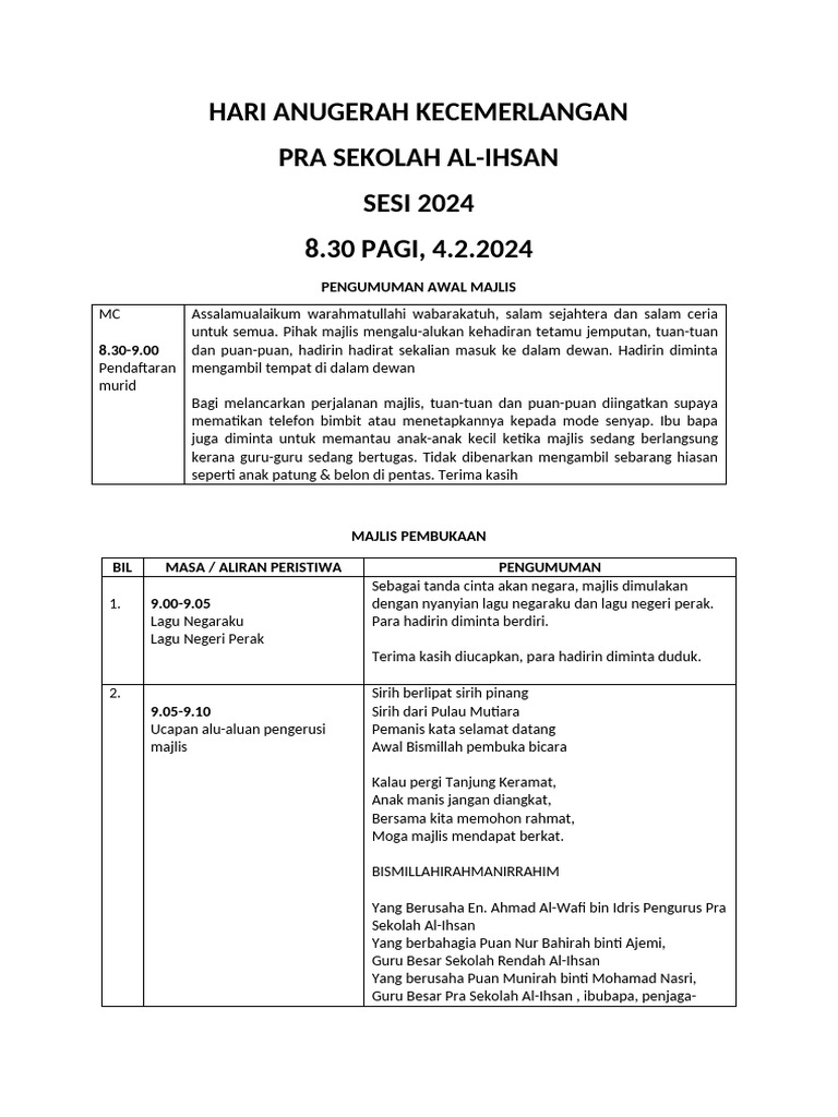 Hari Anugerah Kecemerlangan 2024 Emcee Skrip | PDF