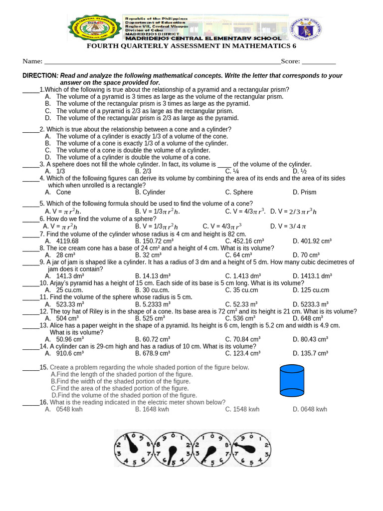 4TH Quarterly Test Math 2019 | PDF | Volume | Area