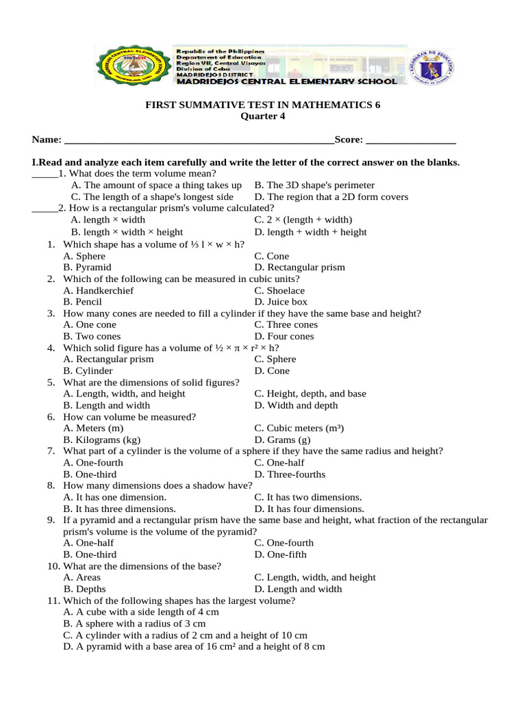 Revised - Grade 6 Summative Test in Mathematics | PDF | Volume | Length