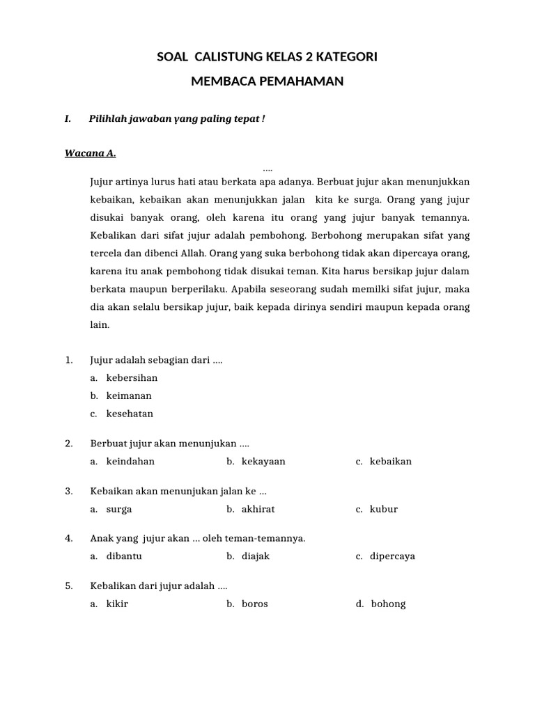 SOAL CALISTUNG KELAS 2 TAHAP 2 | PDF