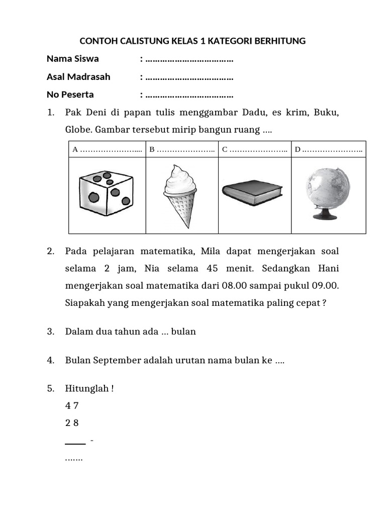 Soal Calistung Kelas 1 Tahap 1 2023 | PDF