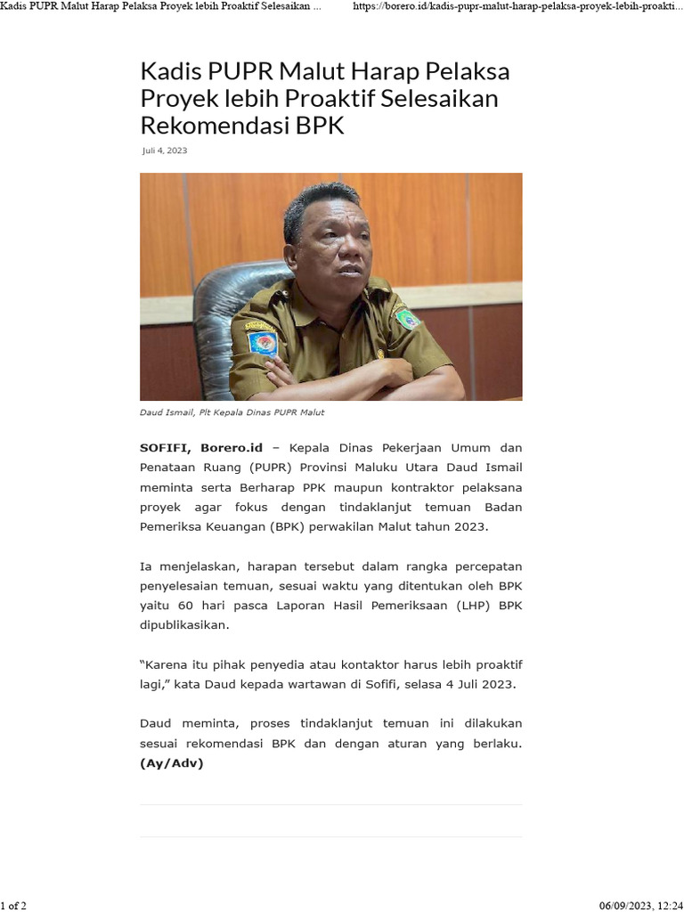 Kadis PUPR Malut Harap Pelaksa Proyek Lebih Proaktif Selesaikan Rekomendasi BPK Borero - Id | PDF