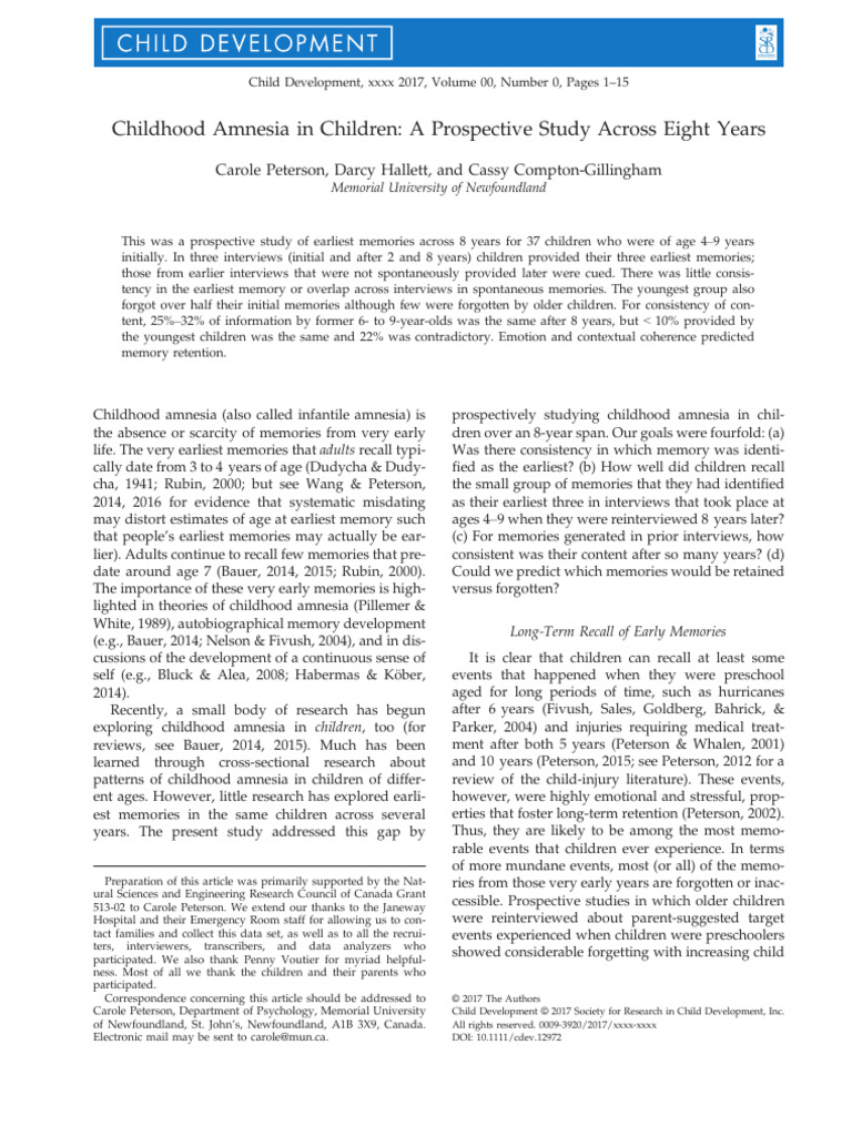 Childhood Amnesia in Children A Prospective Study Across Eight Years ...