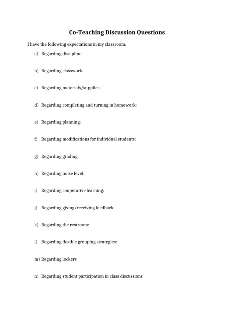 Co-Teaching Discussion Questions | PDF | Classroom | Learning
