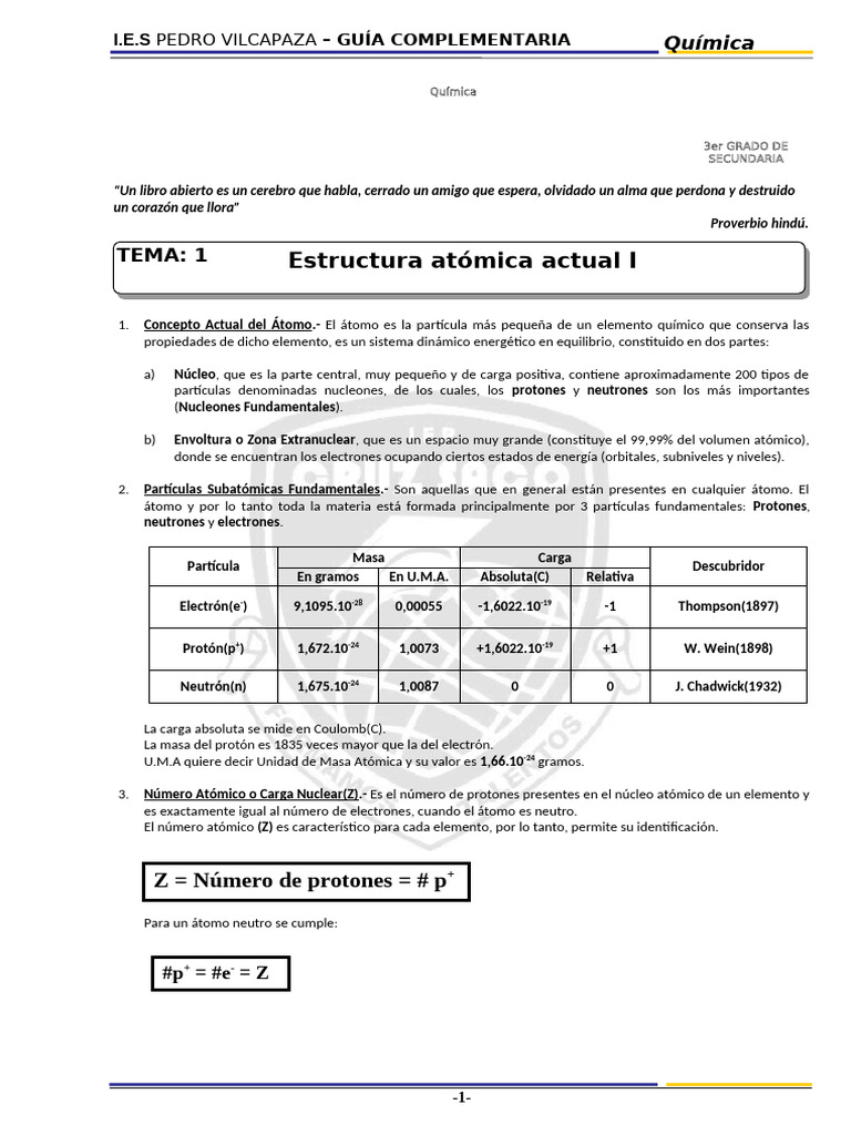 Tema Complementario de 3ro Grado 2022 | PDF | Átomos | Neutrón
