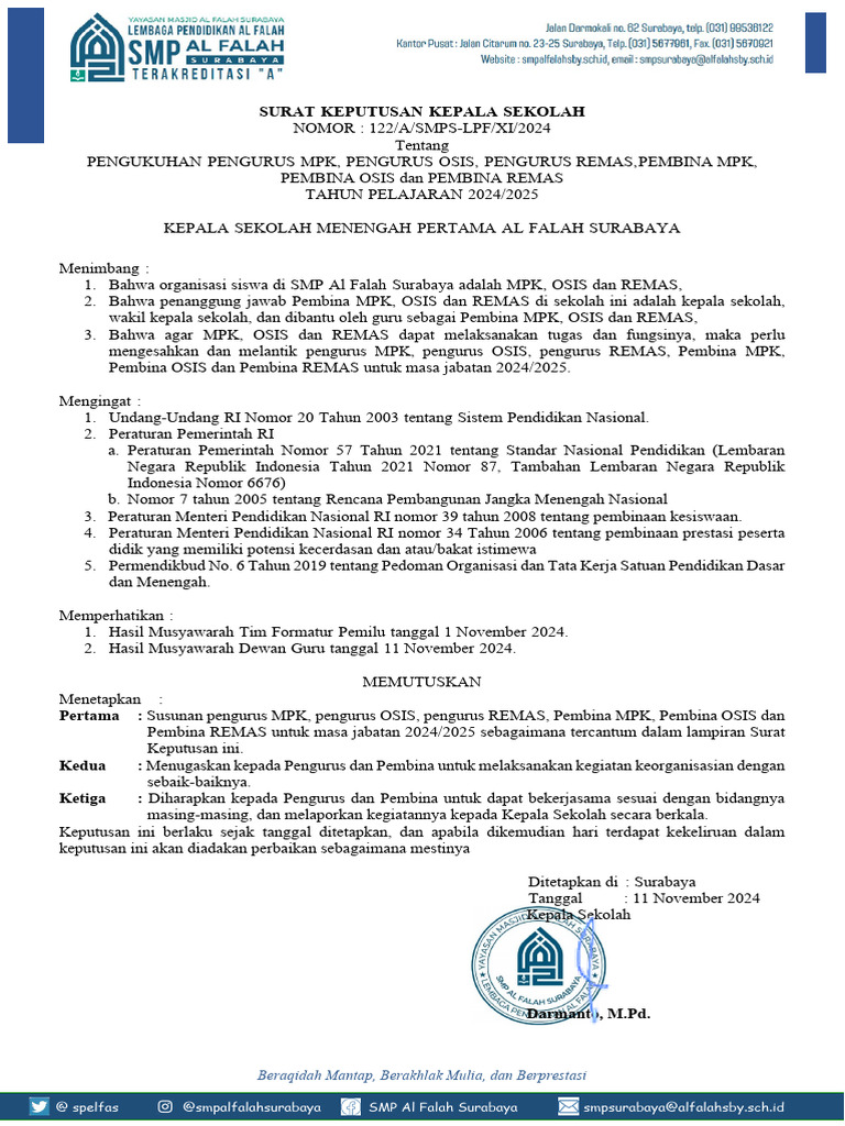 122 SK Pengurus MPK, OSIS dan Remas Periode 2024-2025 | PDF