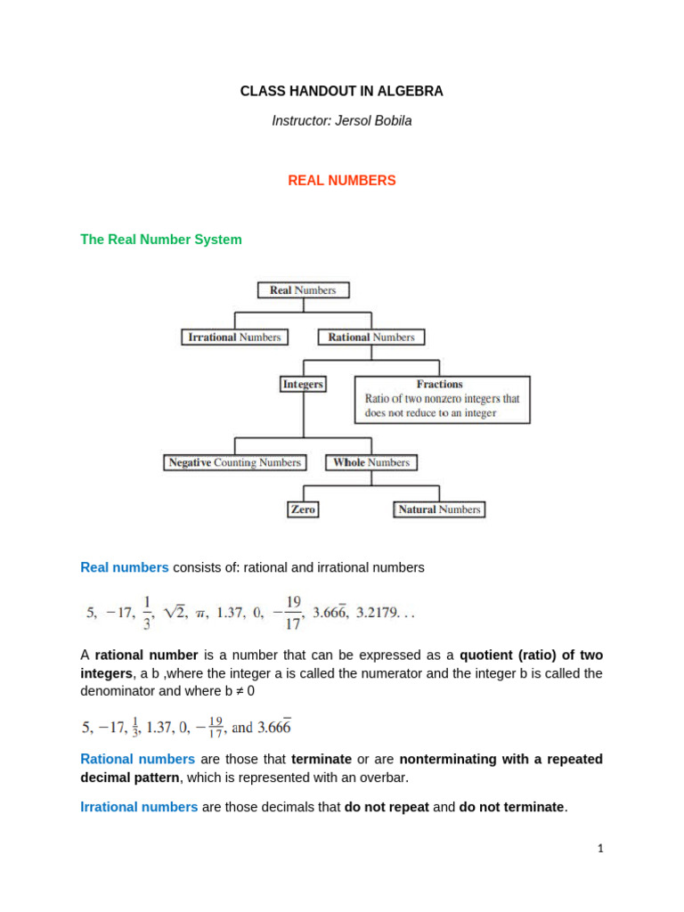 ALGEBRA HANDOUT - Version 1.0 | PDF | Numbers | Factorization