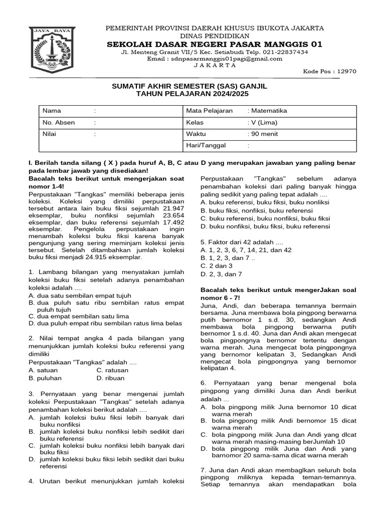 SAS Matematika Kelas 5 SEM 1 - Uchi | PDF